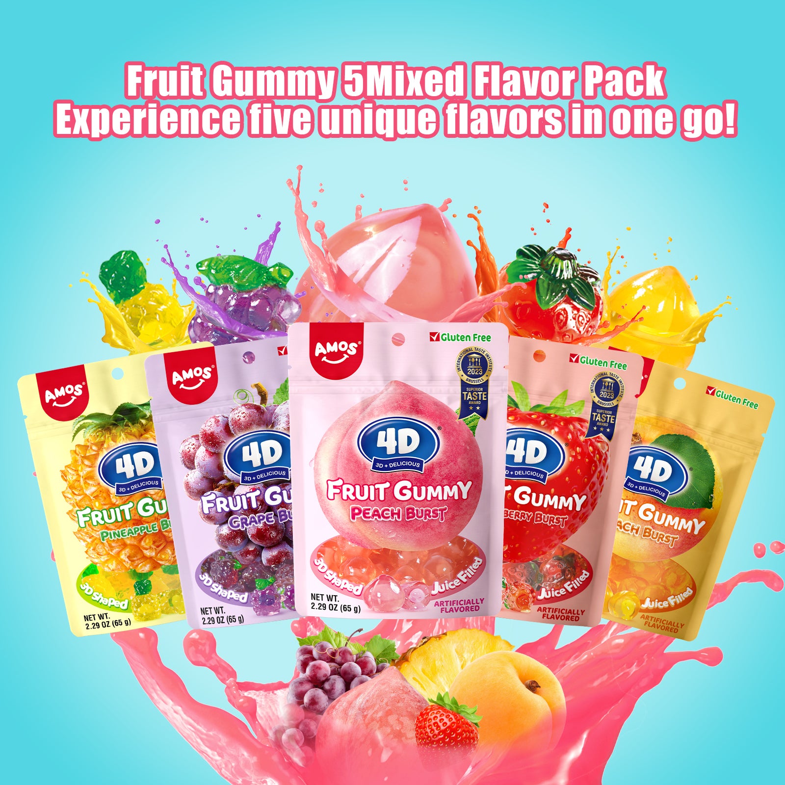 4D Fruit Gummy - Burst Juice Filled（Mix Flavor-5 bags） – Amos Sweets